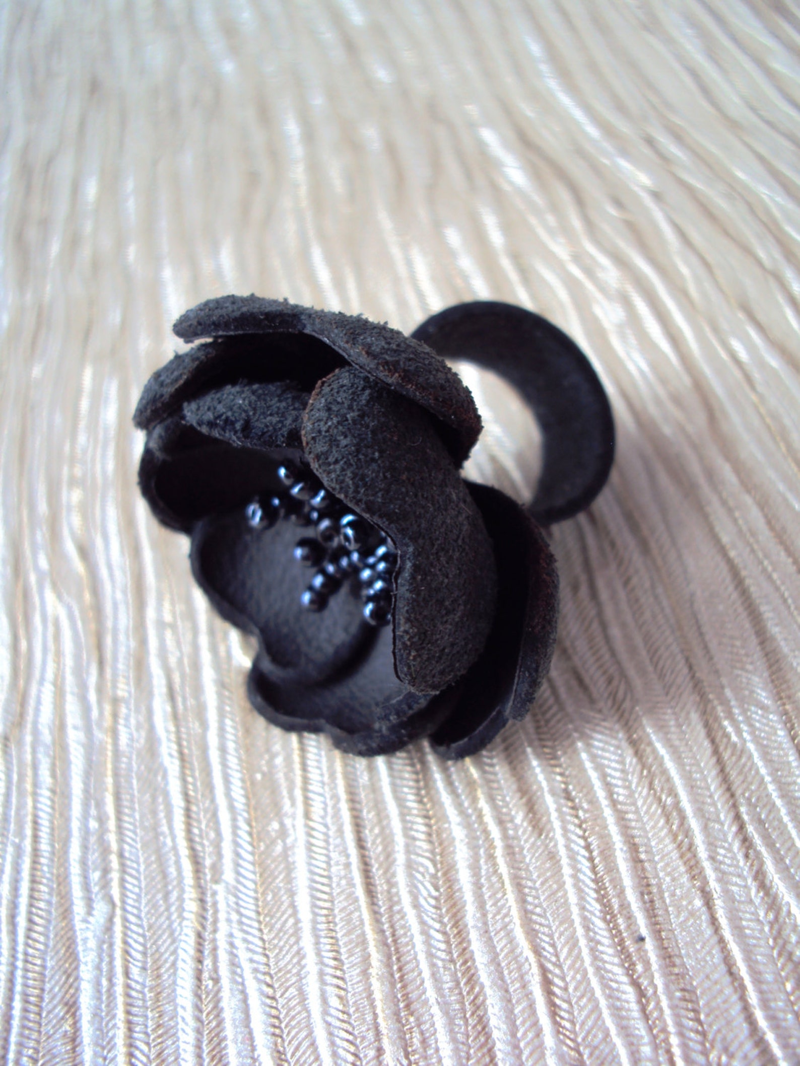 Black Flower Ring Statement Leather Jewelry Bold Floral - Etsy