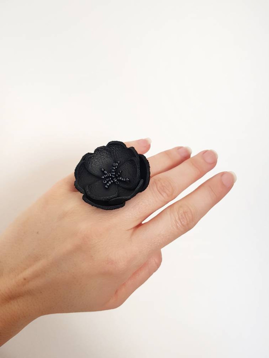 Black Flower Ring Statement Leather Jewelry Bold Floral | Etsy