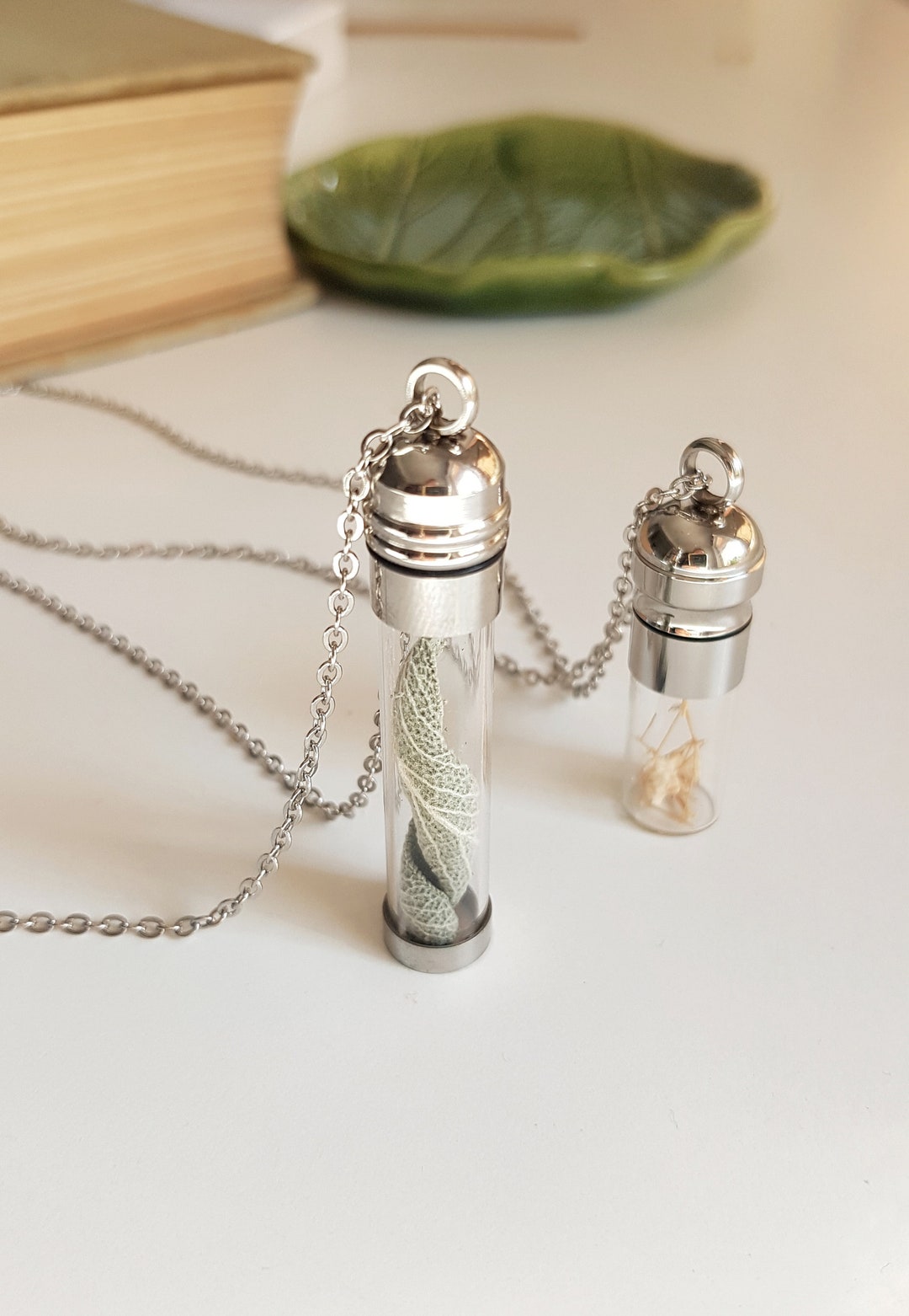 Silver Empty Bottle Vial Necklace, Keepsake Locket Pendant, Glass Tube ...