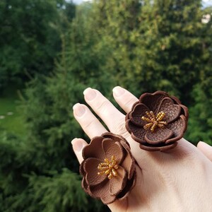 Brown Flower Ring, Statement Leather Jewelry, Bold Floral Accessory ...