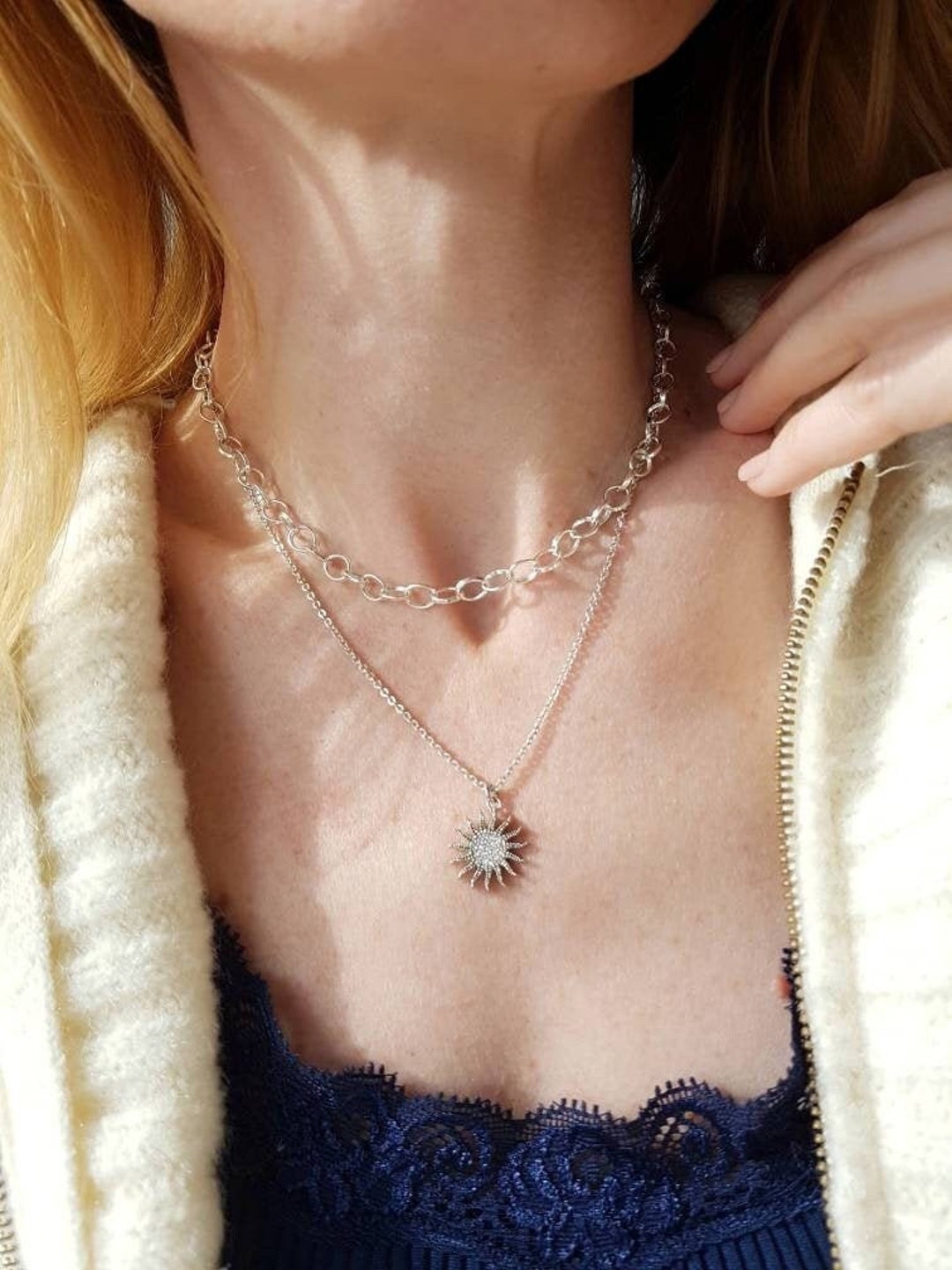 Silver Sun Necklace Burning Solar Charm Sunshine Medallion - Etsy