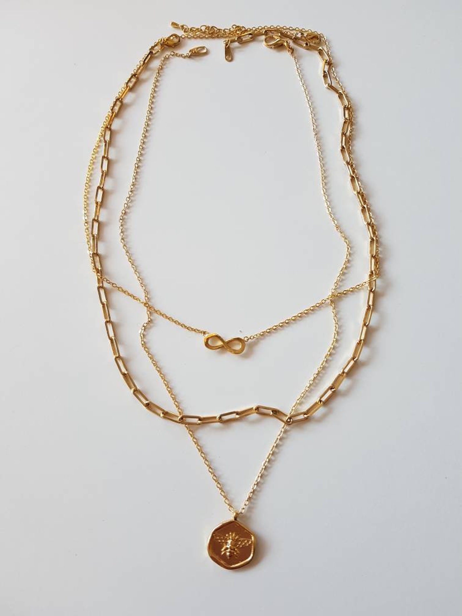 Gold Bee Coin Necklace, Honeybee Medallion With Queen Bee Pendant, Gold ...