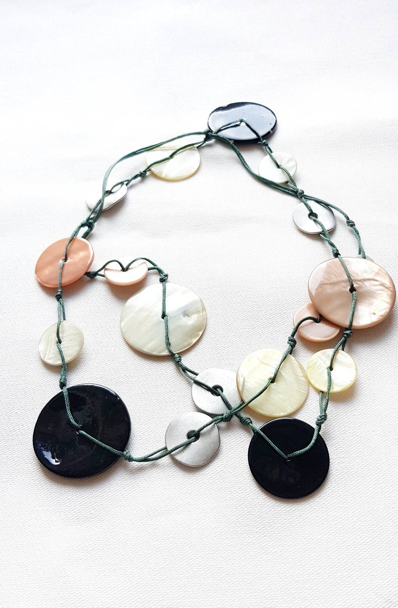 Long Knotted Necklace With Shell Discs Bold Mother of Pearl - Etsy