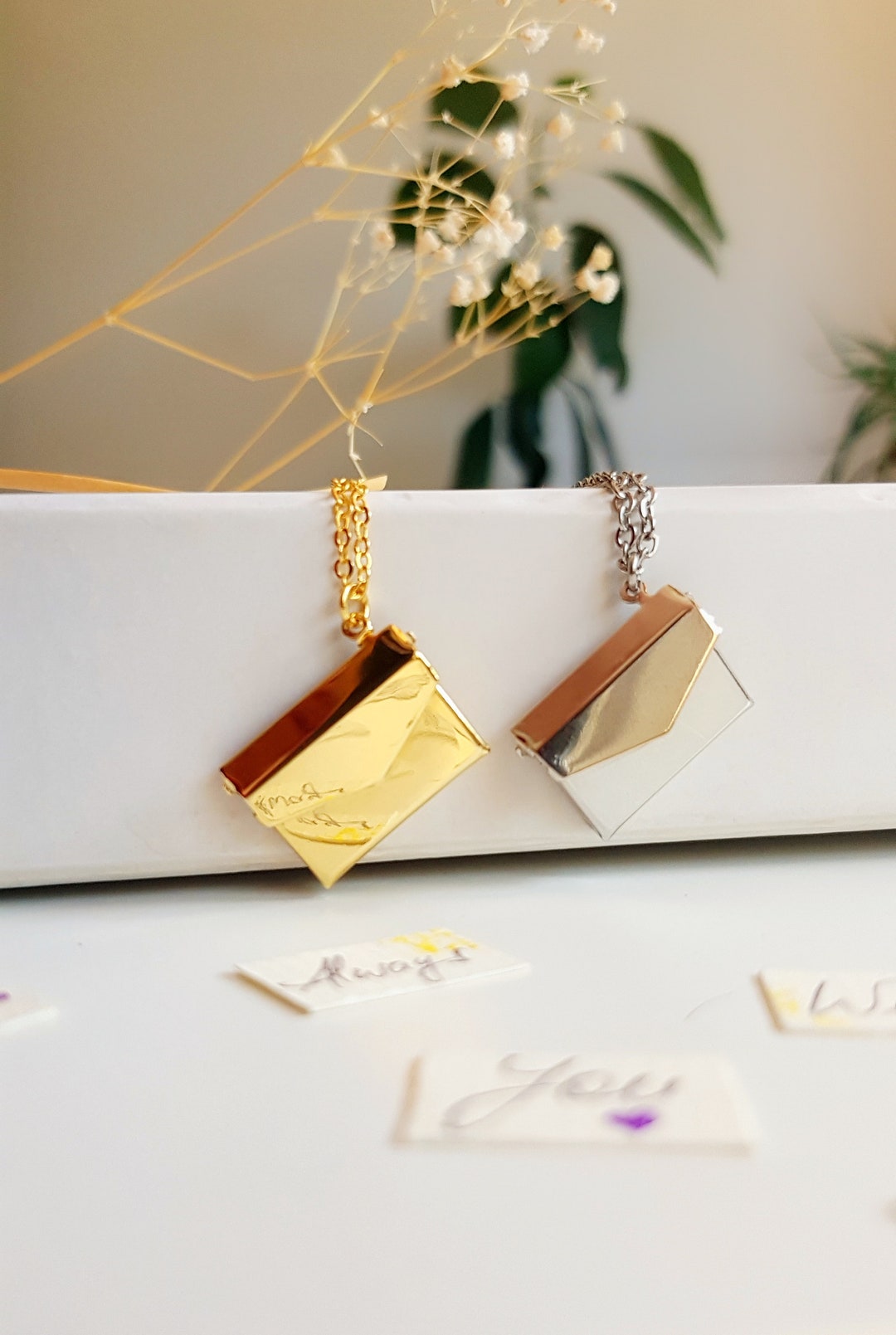 Envelope Locket Necklace, Personalized Message Medallion, Hidden Love ...