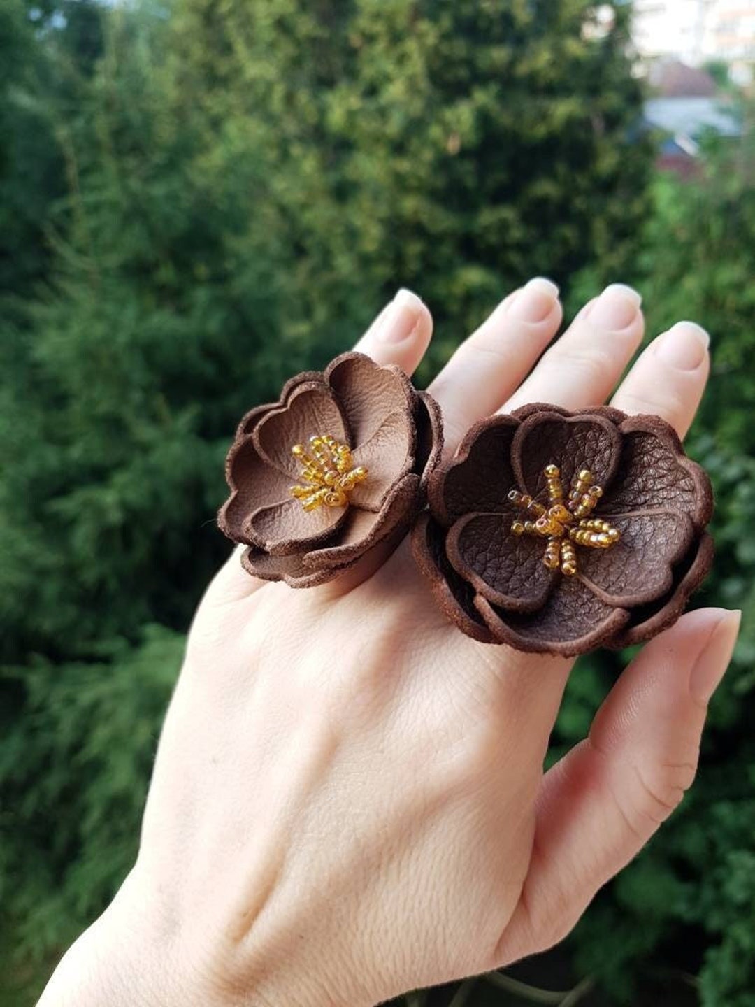 Brown Flower Ring, Statement Leather Jewelry, Bold Floral Accessory ...