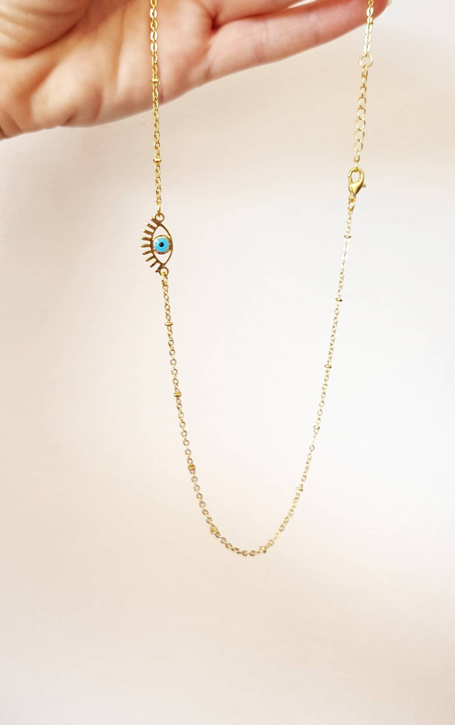 Gold Evil Eye Necklace, Dainty Blue Eye Protection Charm, Minimalist ...