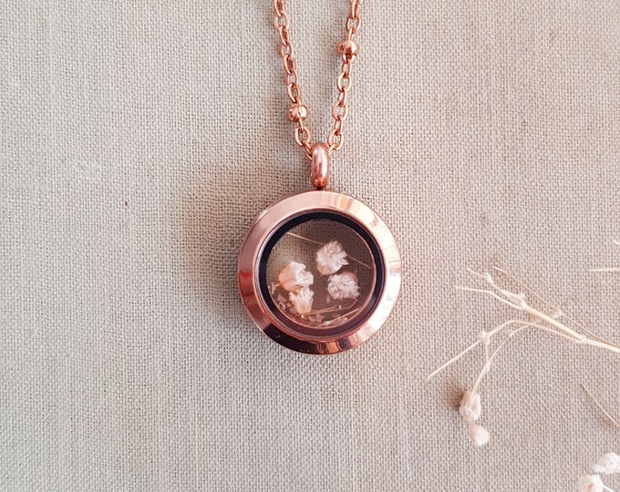 Rose Gold Round Keepsake Locket Necklace, Shaker Style Floating Glass ...
