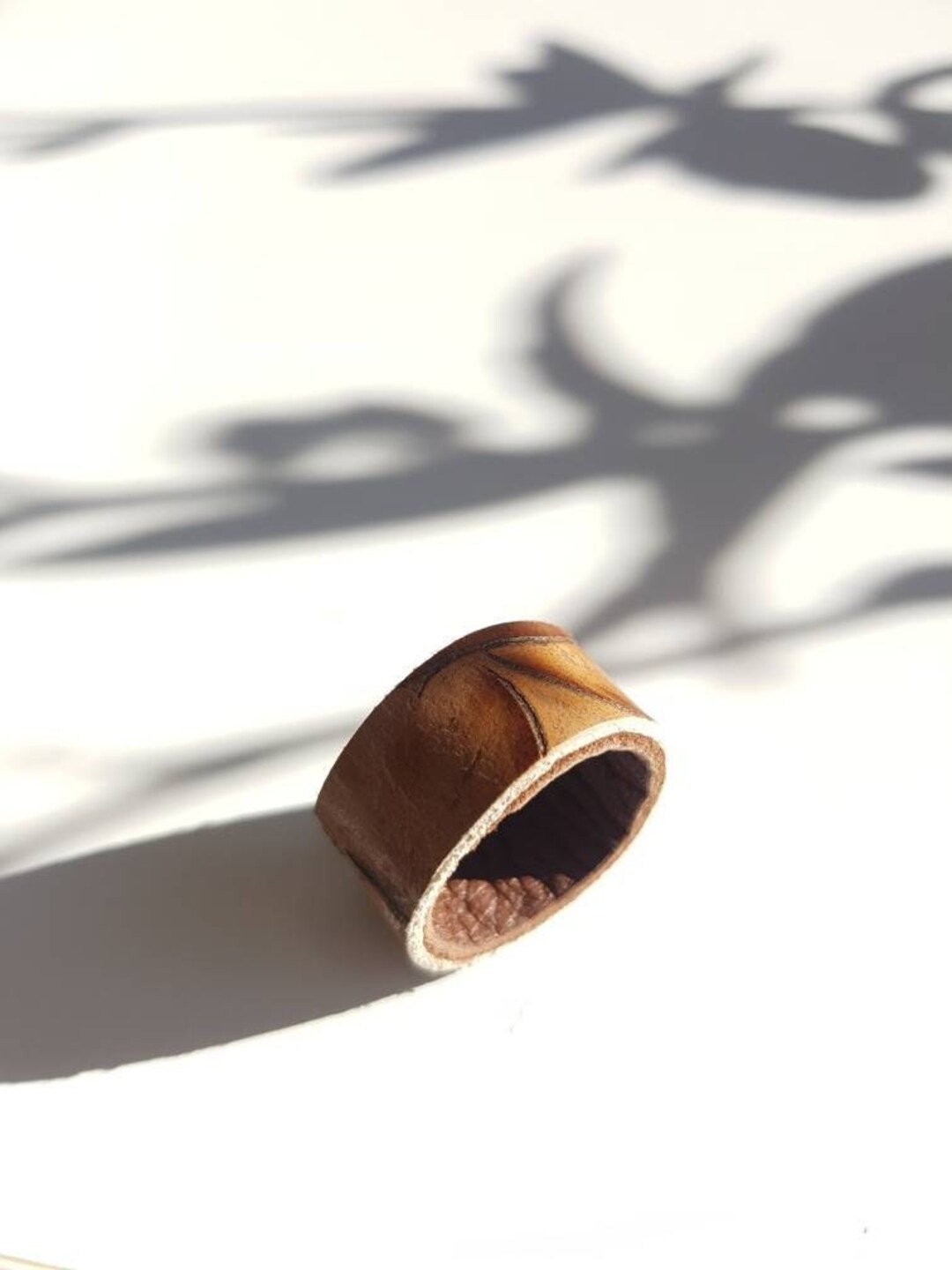Brown Leather Ring, Leather Band With Embossed Pattern, Modern Finger ...