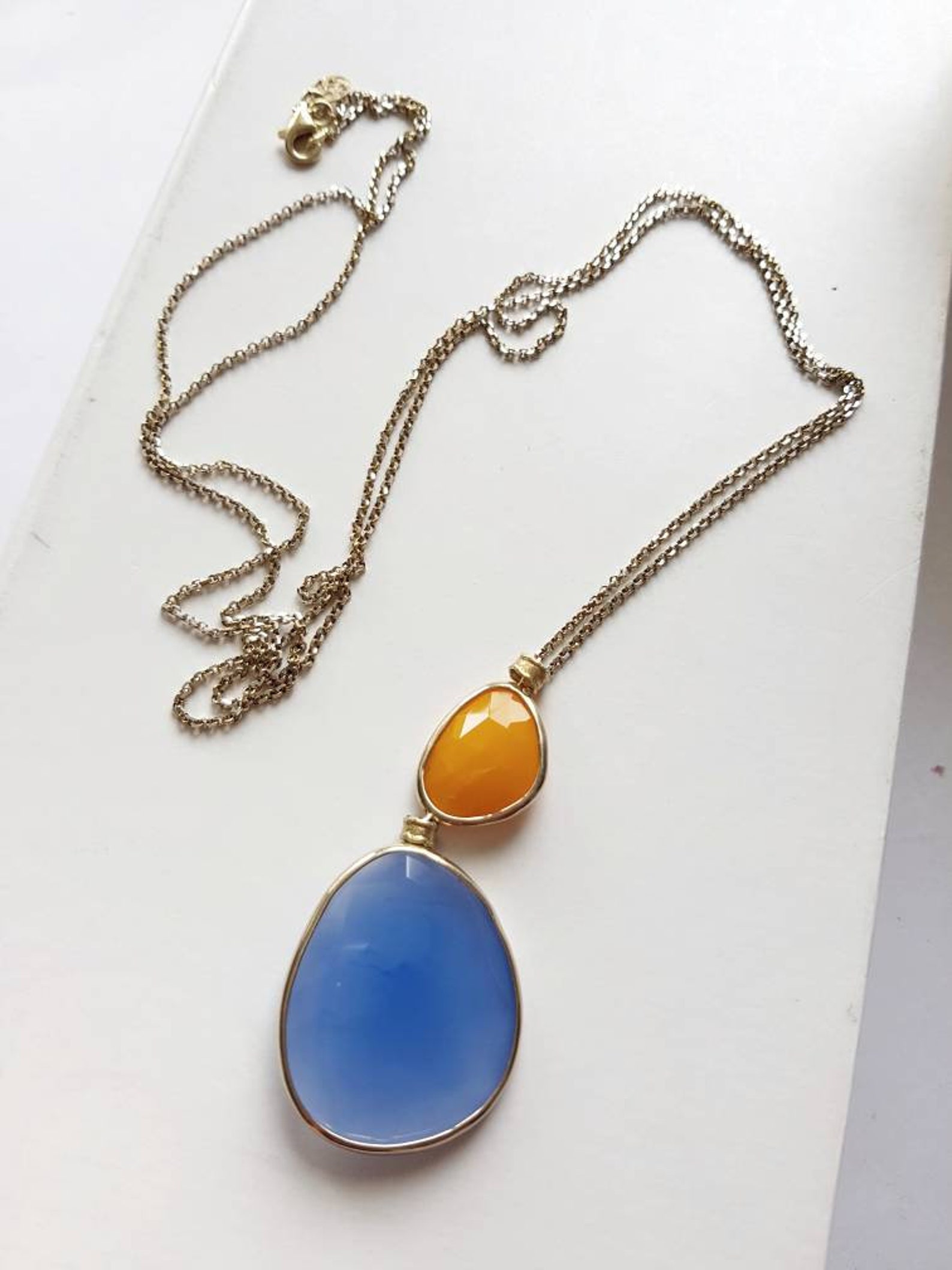 Super Long Chain Necklace and Bold Colorful Glass Pendant, Sterling ...