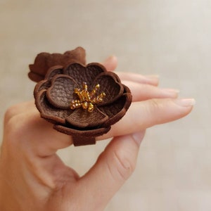 Brown Flower Ring, Statement Leather Jewelry, Bold Floral Accessory ...