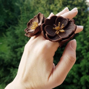 Brown Flower Ring, Statement Leather Jewelry, Bold Floral Accessory ...