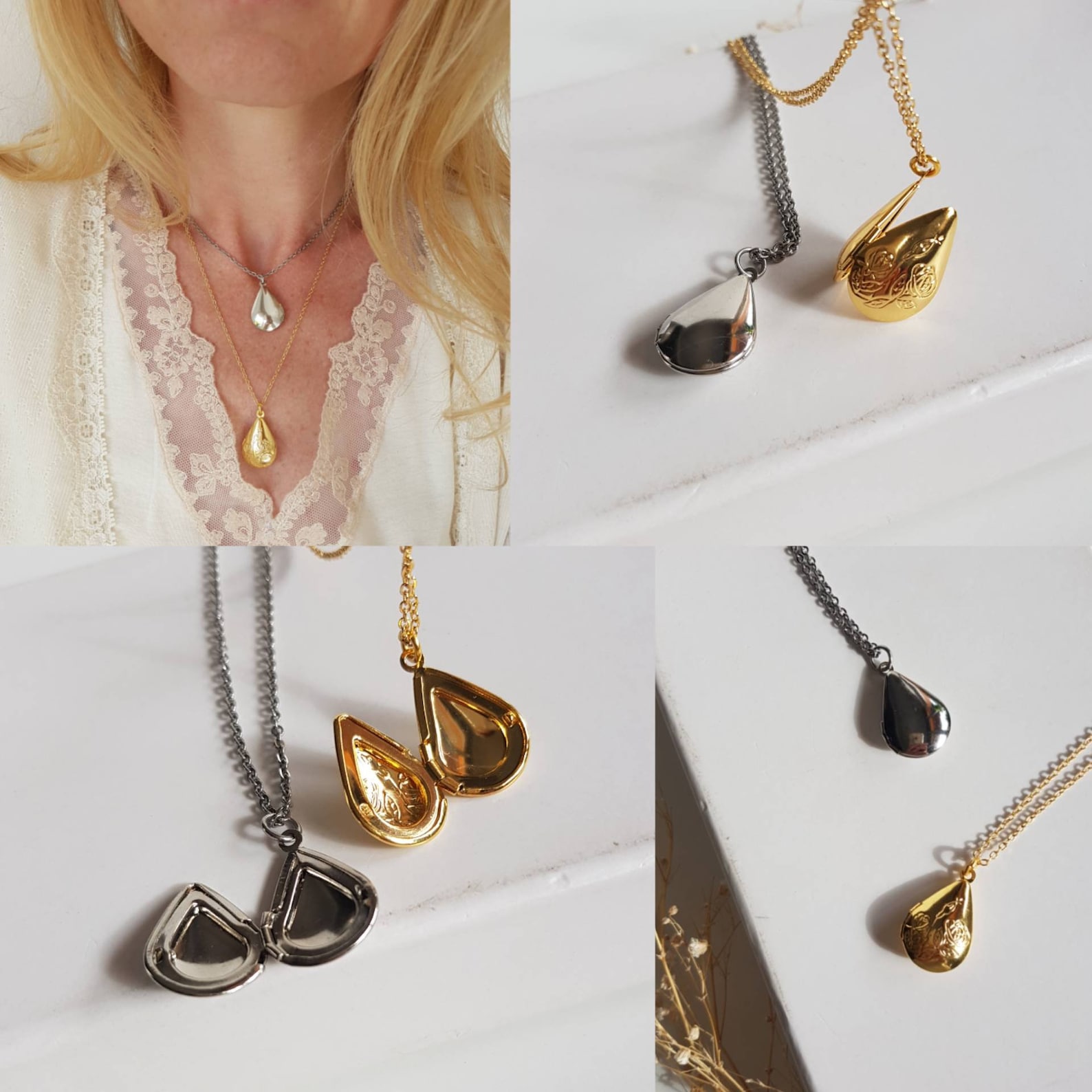 Teardrop Locket Necklace Vintage Style Jewelry Gold Photo - Etsy
