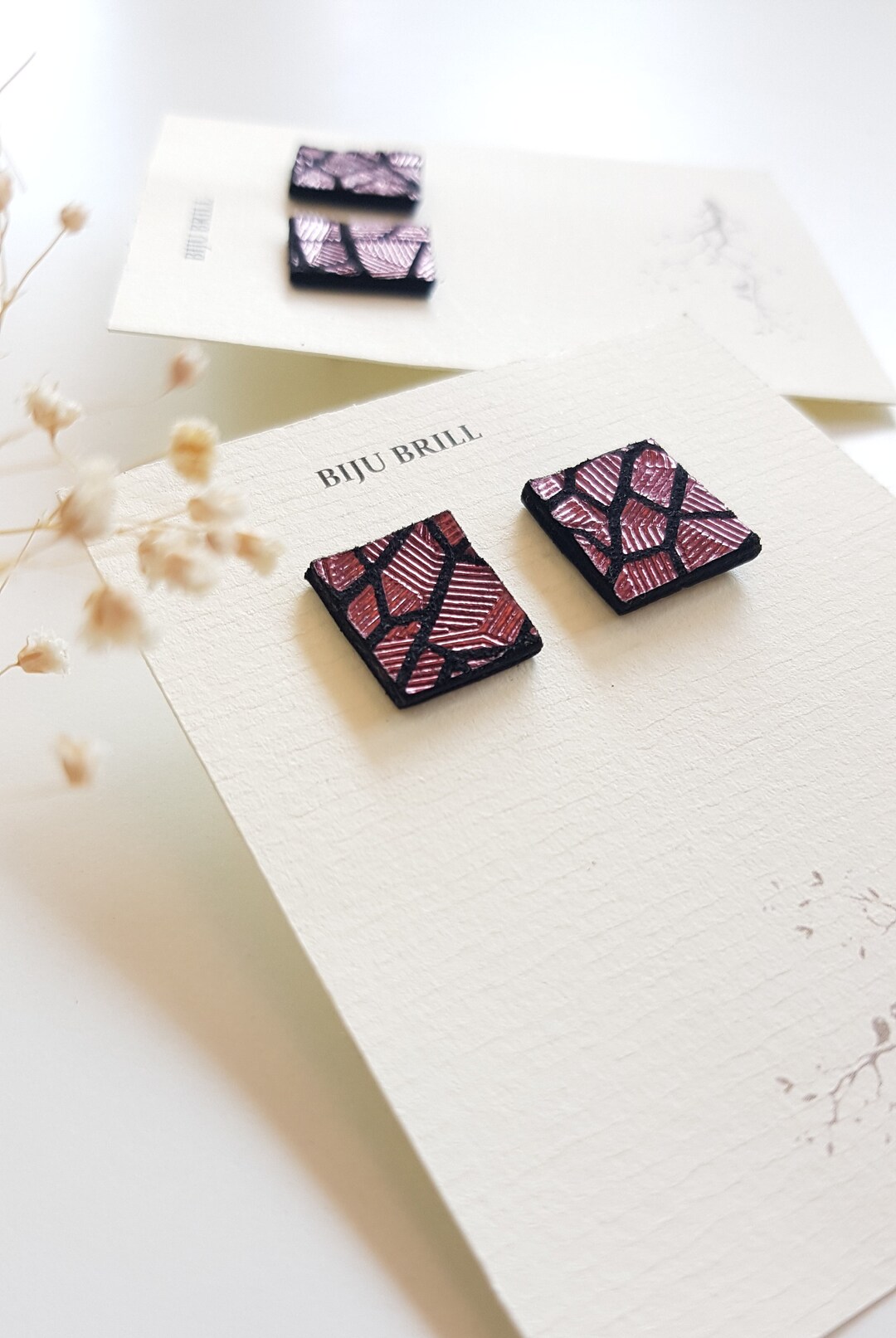 Embossed Leather Stud Earrings, Metallic Purple Geometric Posts - Etsy
