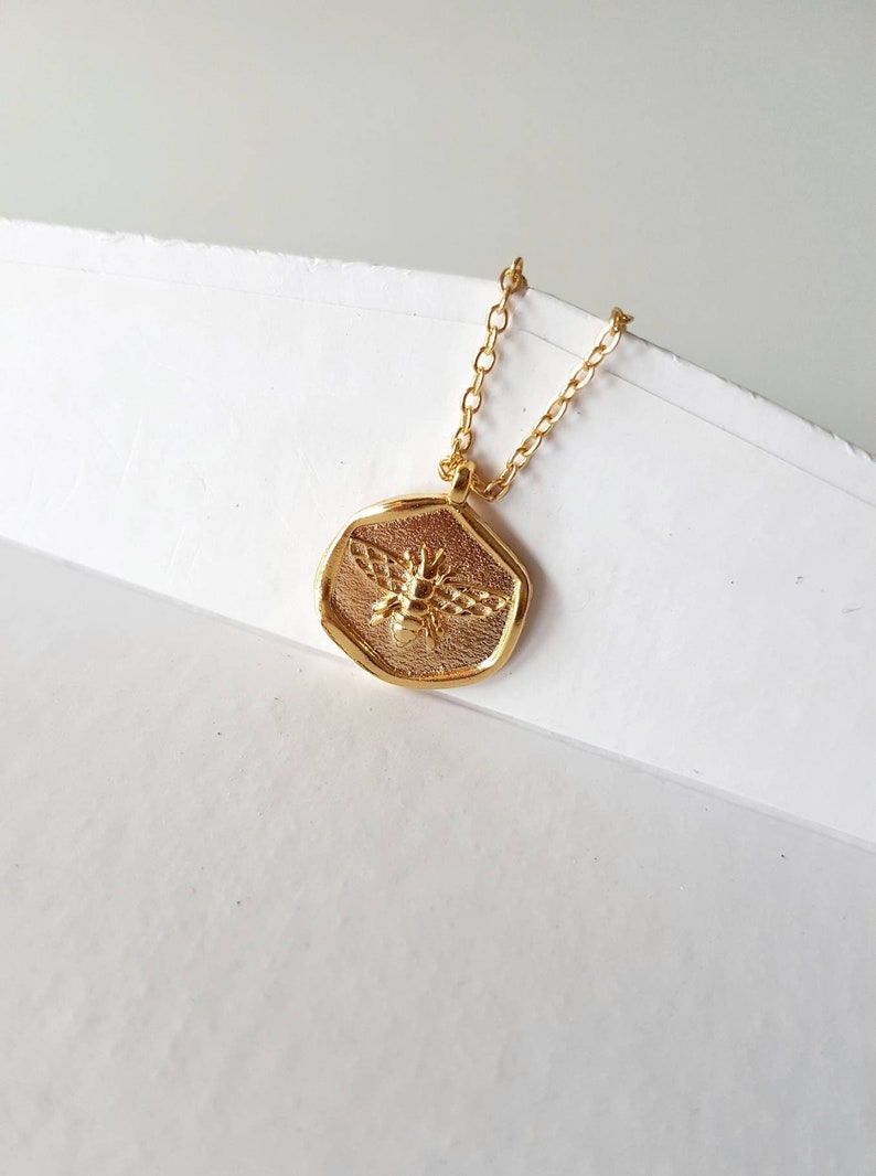 Gold Bee Coin Necklace, Honeybee Medallion With Queen Bee Pendant, Gold ...