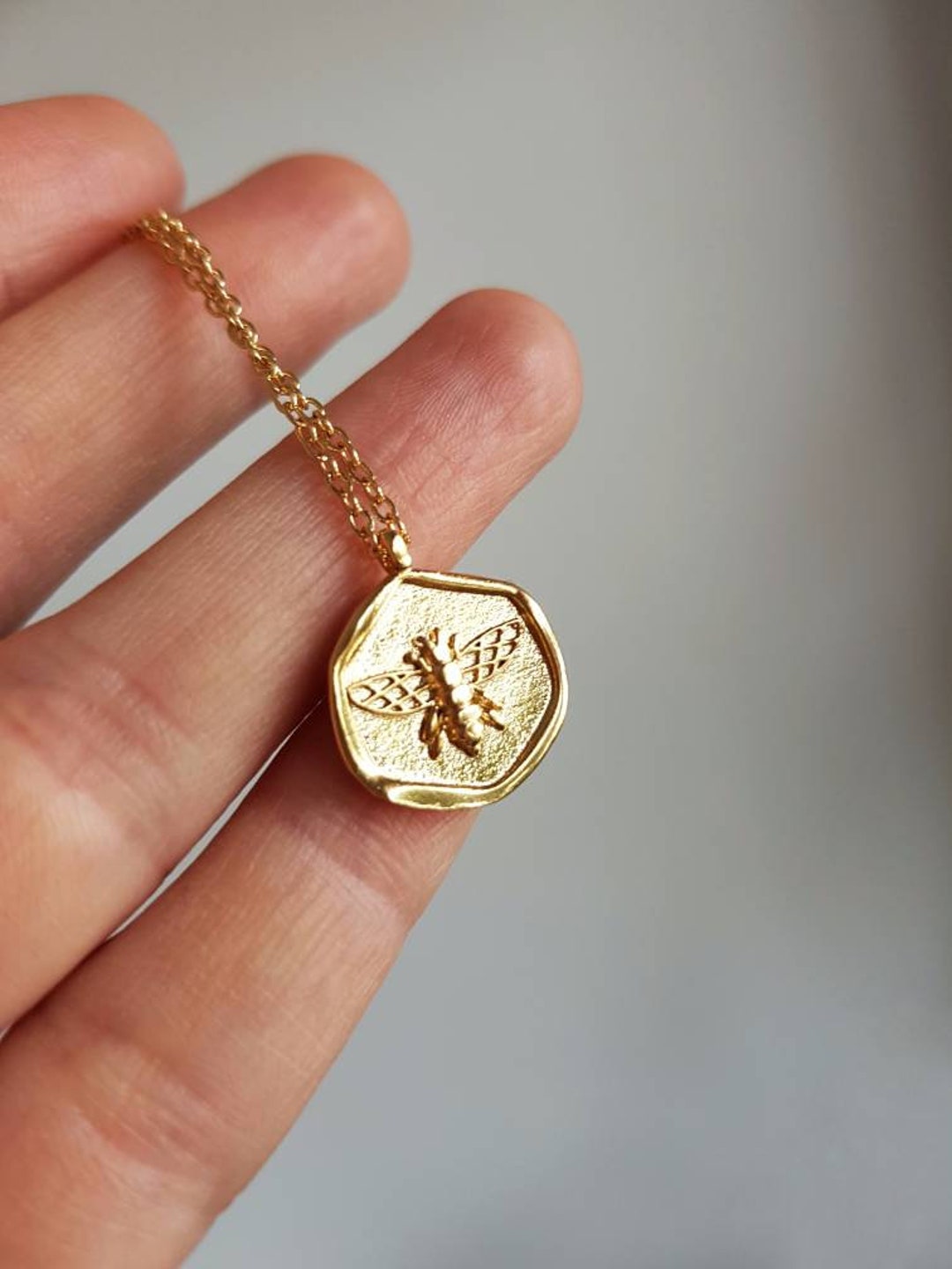 Gold Bee Coin Necklace, Honeybee Medallion With Queen Bee Pendant, Gold ...