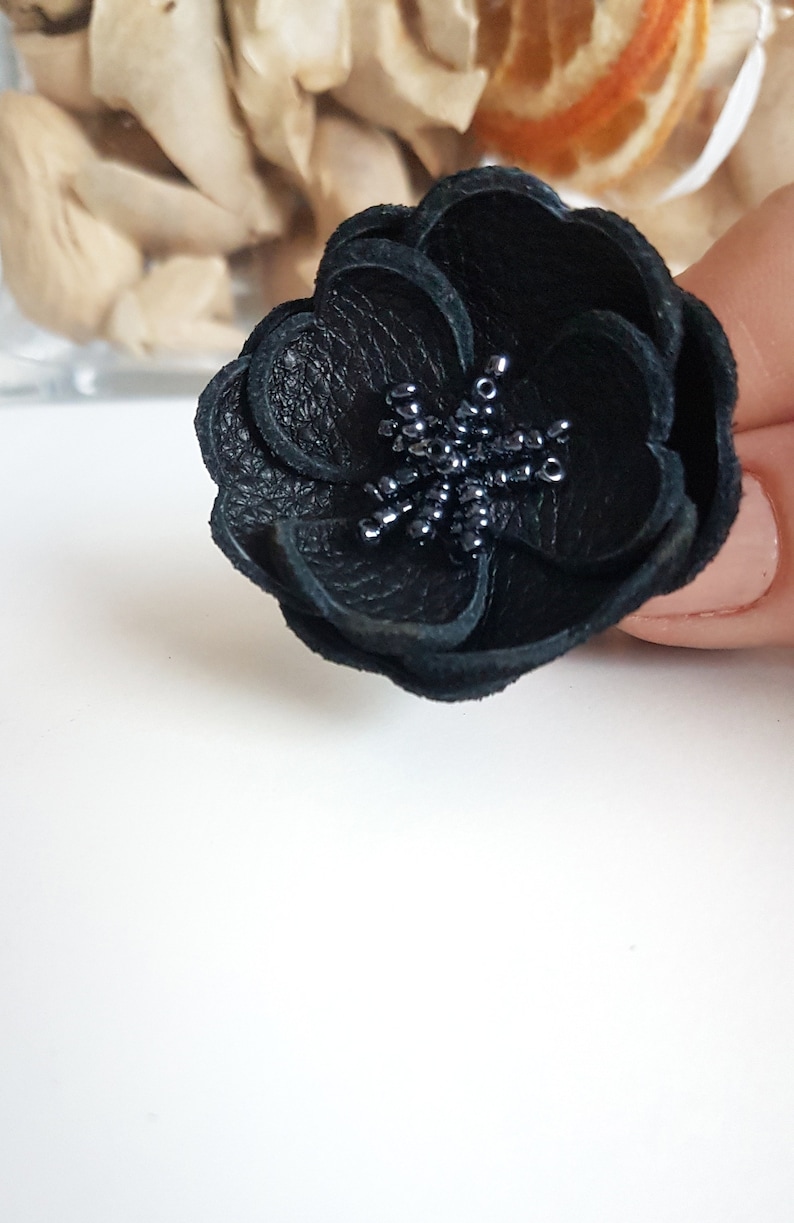 Black Flower Ring Statement Leather Jewelry Bold Floral - Etsy