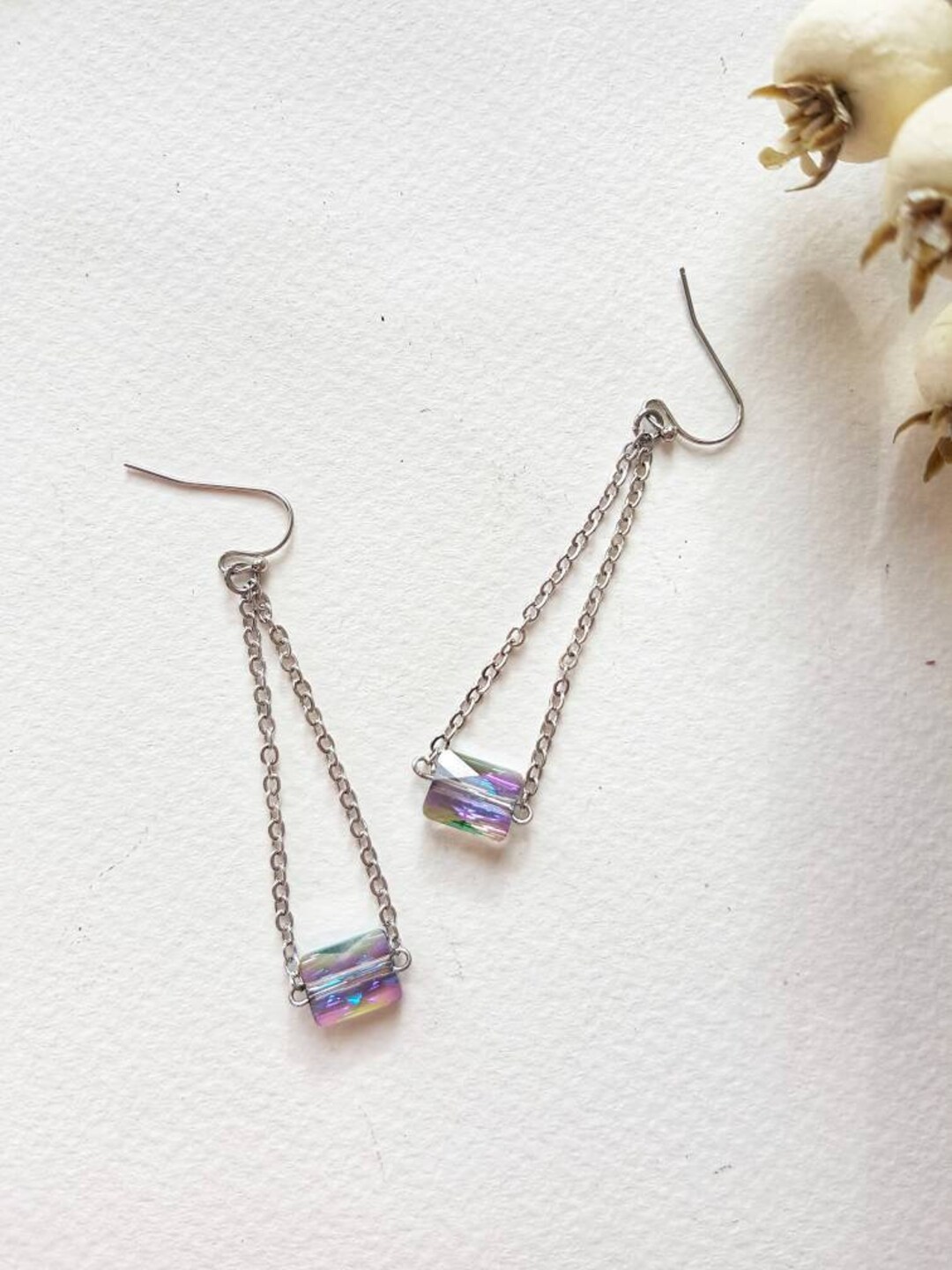 Long Chain Earrings With Swarovski Crystals, Everyday Geometric Jewelry ...