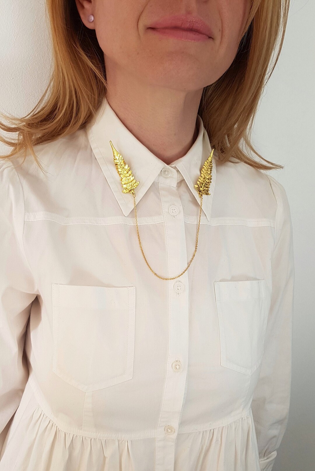 Gold Fern Collar Brooch, Double Leaf Chain Pin for Shirts or Sweaters ...