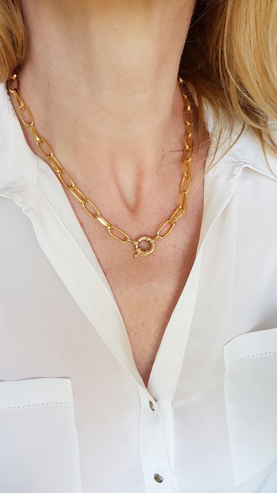 Chunky Chain Necklace Gold Link Spring Clasp Choker Bold Oversized Trendy Jewelry Lover Nautical Summer Accessory Short Statement Chain Etsy