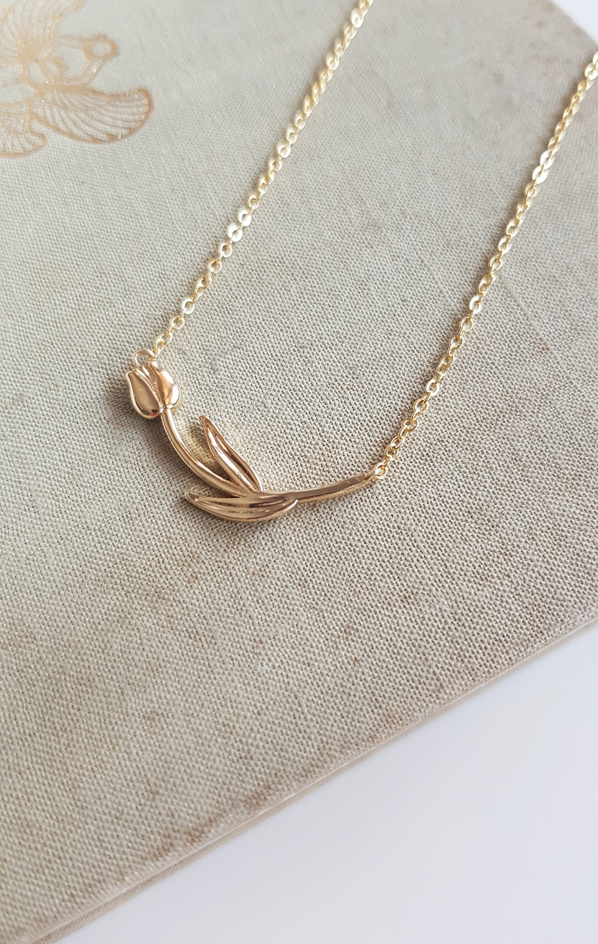 Gold Tulip Necklace, Sideways Floral Jewelry, Delicate Chain Necklace ...