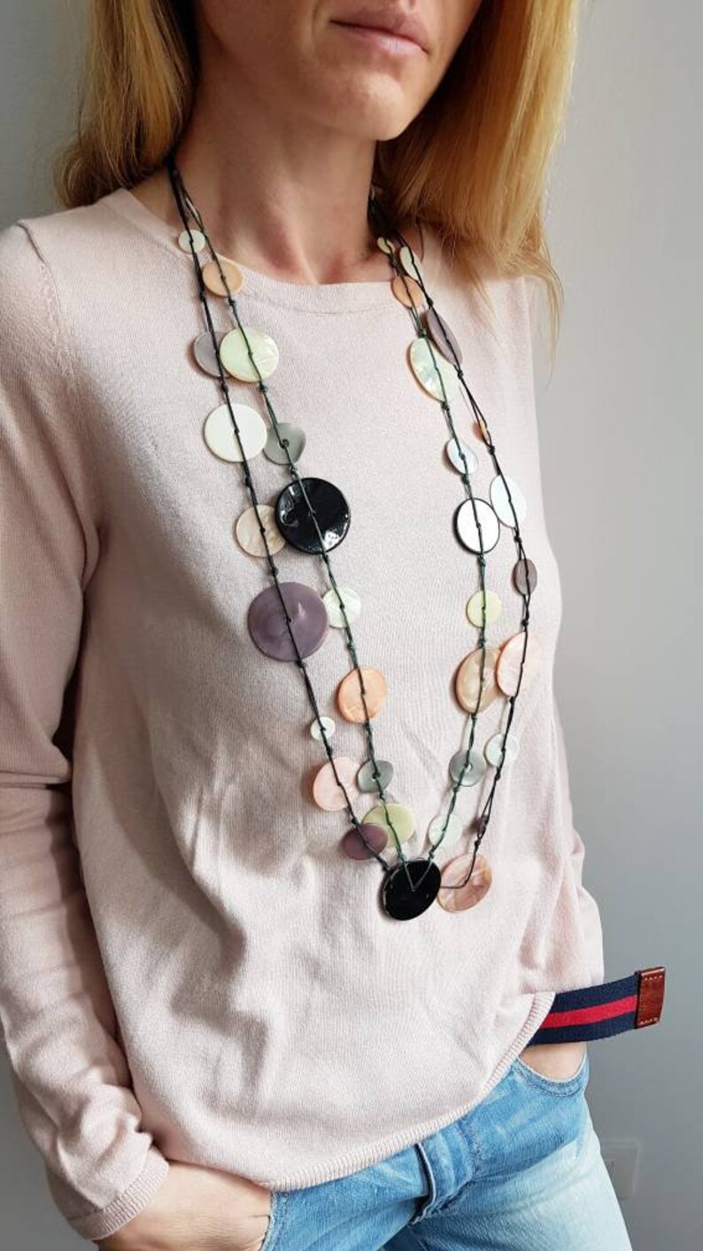 Long Knotted Necklace With Shell Discs Bold Mother of Pearl - Etsy