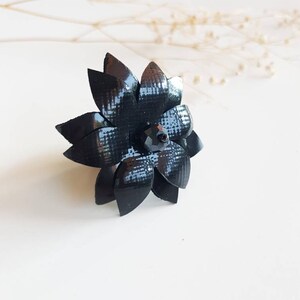 Black Flower Ring, Statement Leather Jewelry, Bold Floral Accessory ...
