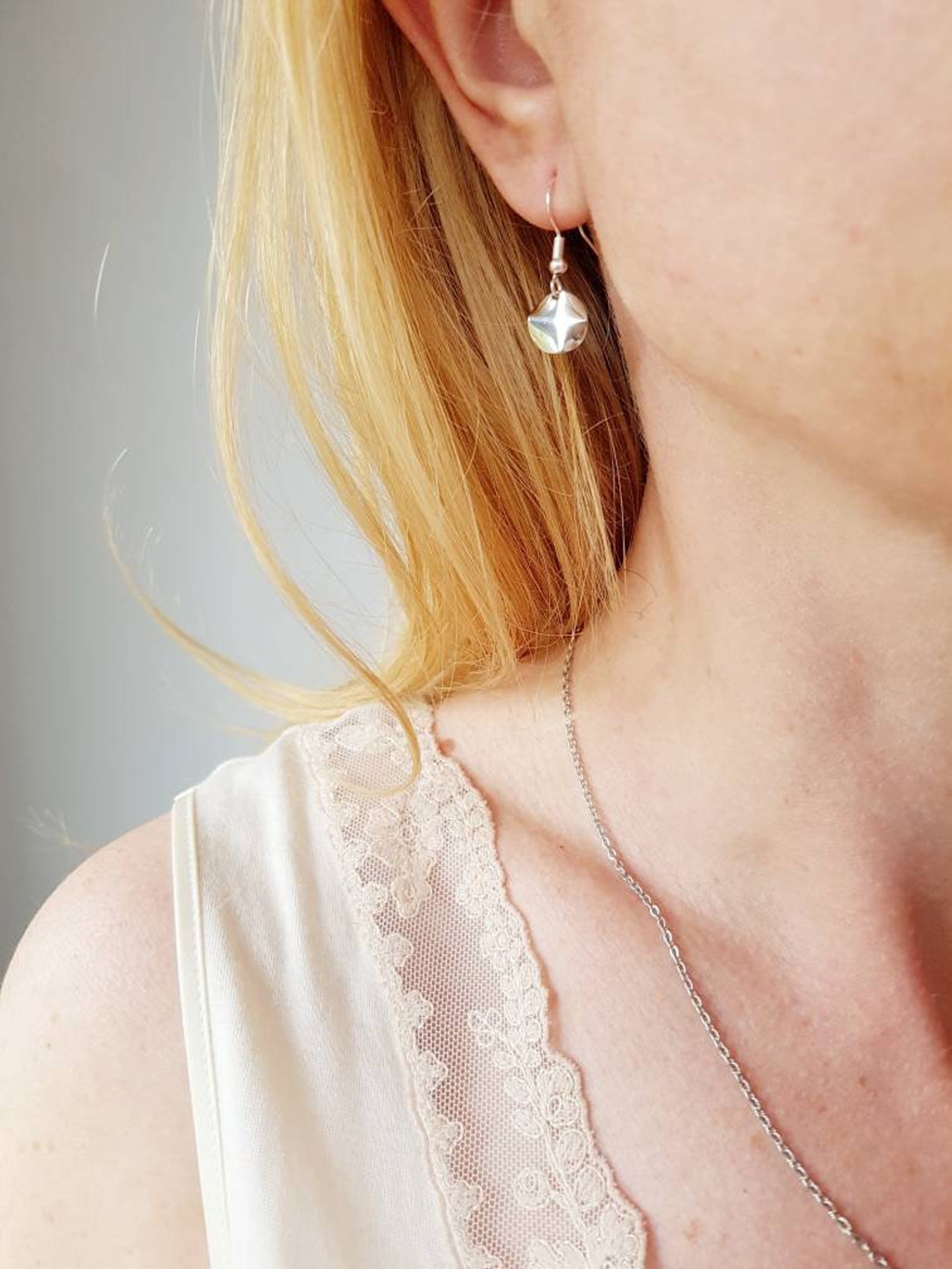 Small Coin Drop Earrings With Dainty Round Charms, Silver Star Earring ...