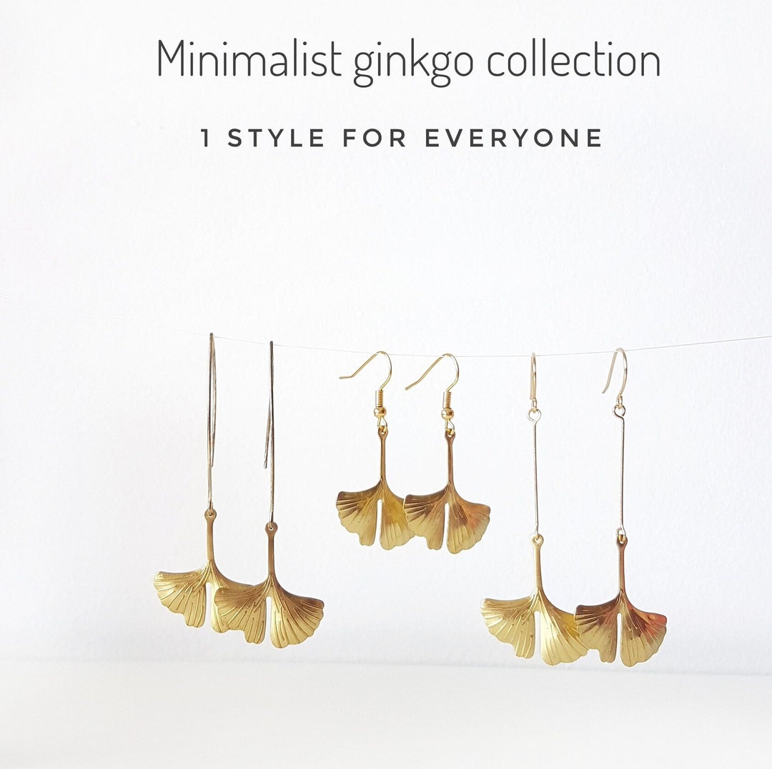 Ginkgo Leaf Earrings, Gold Ginkgo Hoop Earrings, Raw Brass Leaf Dangles, Long Ginkgo Biloba ...