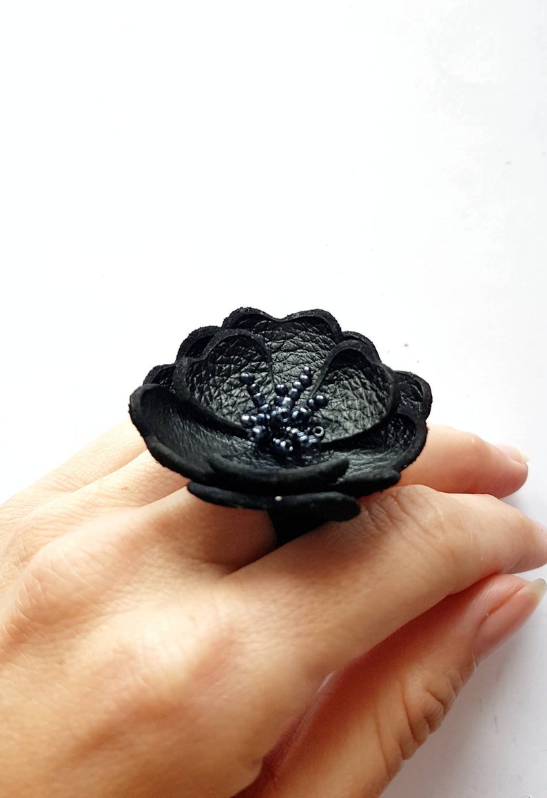 Black Flower Ring Statement Leather Jewelry Bold Floral - Etsy