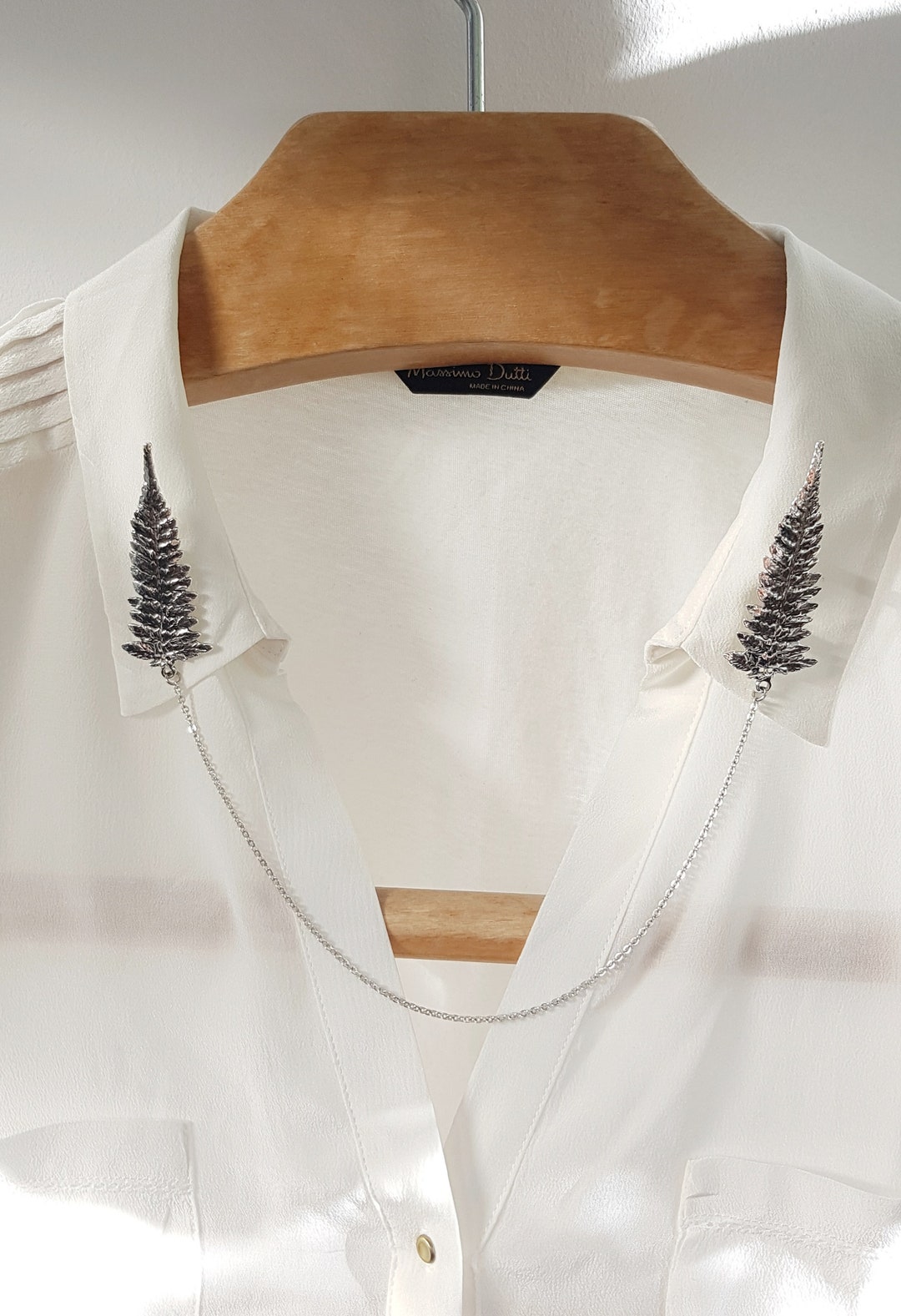 Silver Fern Collar Brooch, Double Leaf Chain Pin for Shirts or Sweaters ...