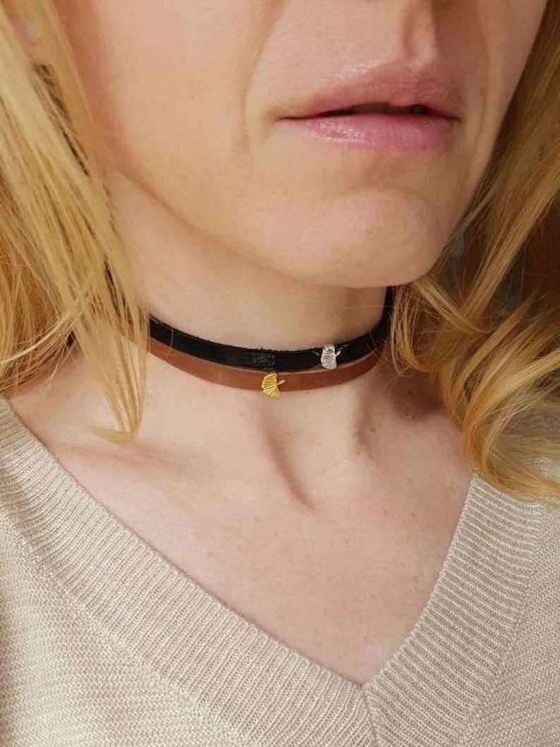 Thin Leather Choker With Ginkgo Leaf, Thick Genuine Leather Necklace ...