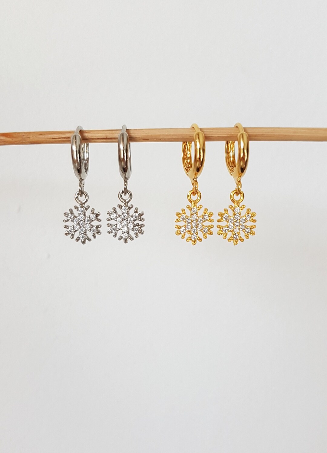 Snowflake Huggie Hoop Earrings, Gold or Silver CZ Crystals Creole ...