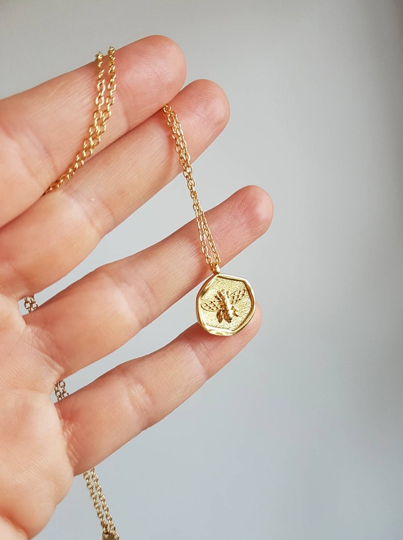 Gold Bee Coin Necklace, Honeybee Medallion With Queen Bee Pendant, Gold ...
