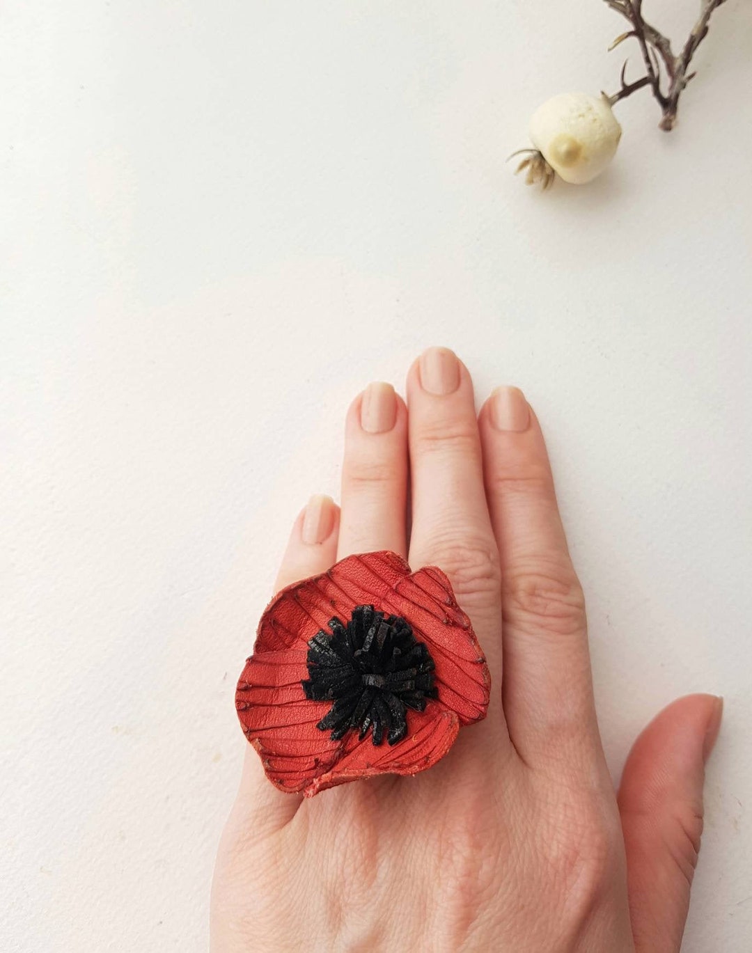 Statement Poppy Flower Ring Eccentric Leather Jewelry Summer - Etsy