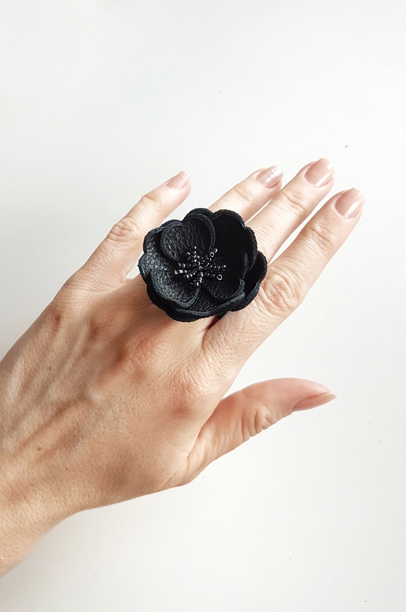 Black Flower Ring Statement Leather Jewelry Bold Floral - Etsy