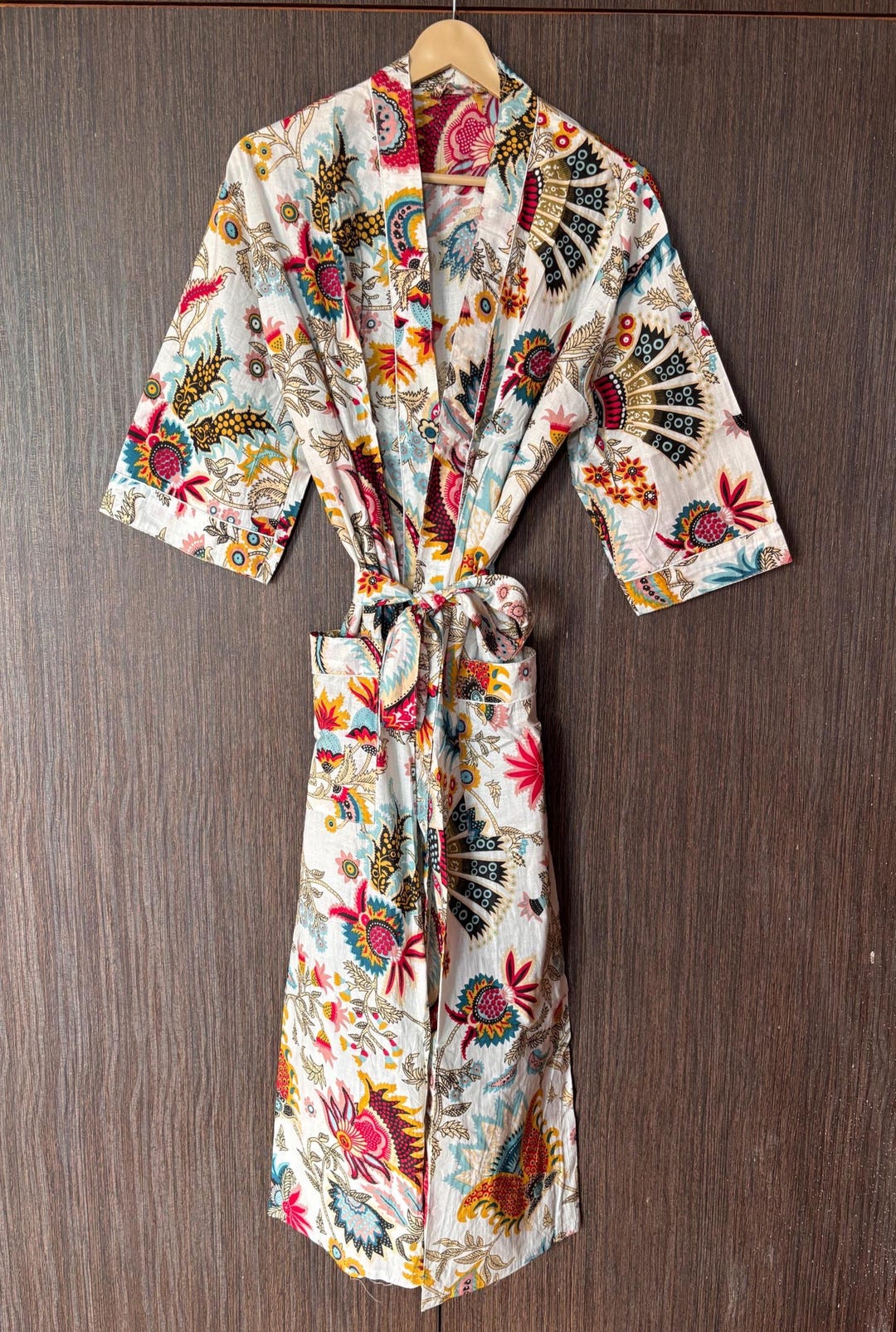 Floral Cotton Kimono Robe: Indian Print Bathrobe, Beach Cover Up - Etsy