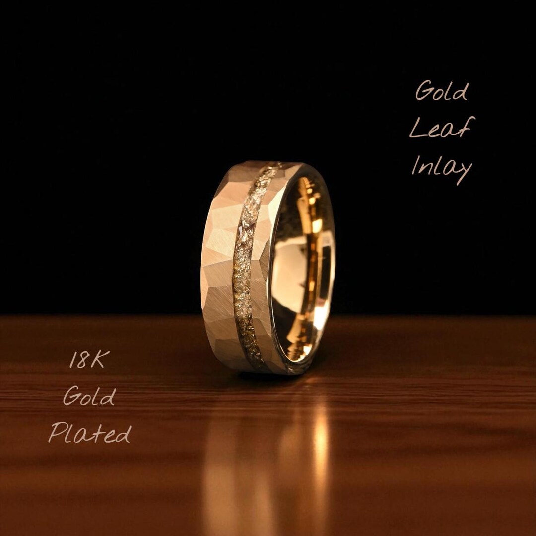 18K Gold Tungsten Hammered Wedding Band: Gold Leaf Inlay, 8mm Brushed ...