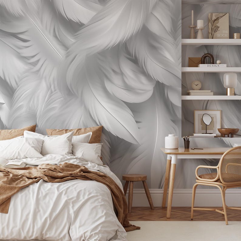 Feather 3D Wall Mural: Elegant Neutral Wallpaper - Etsy
