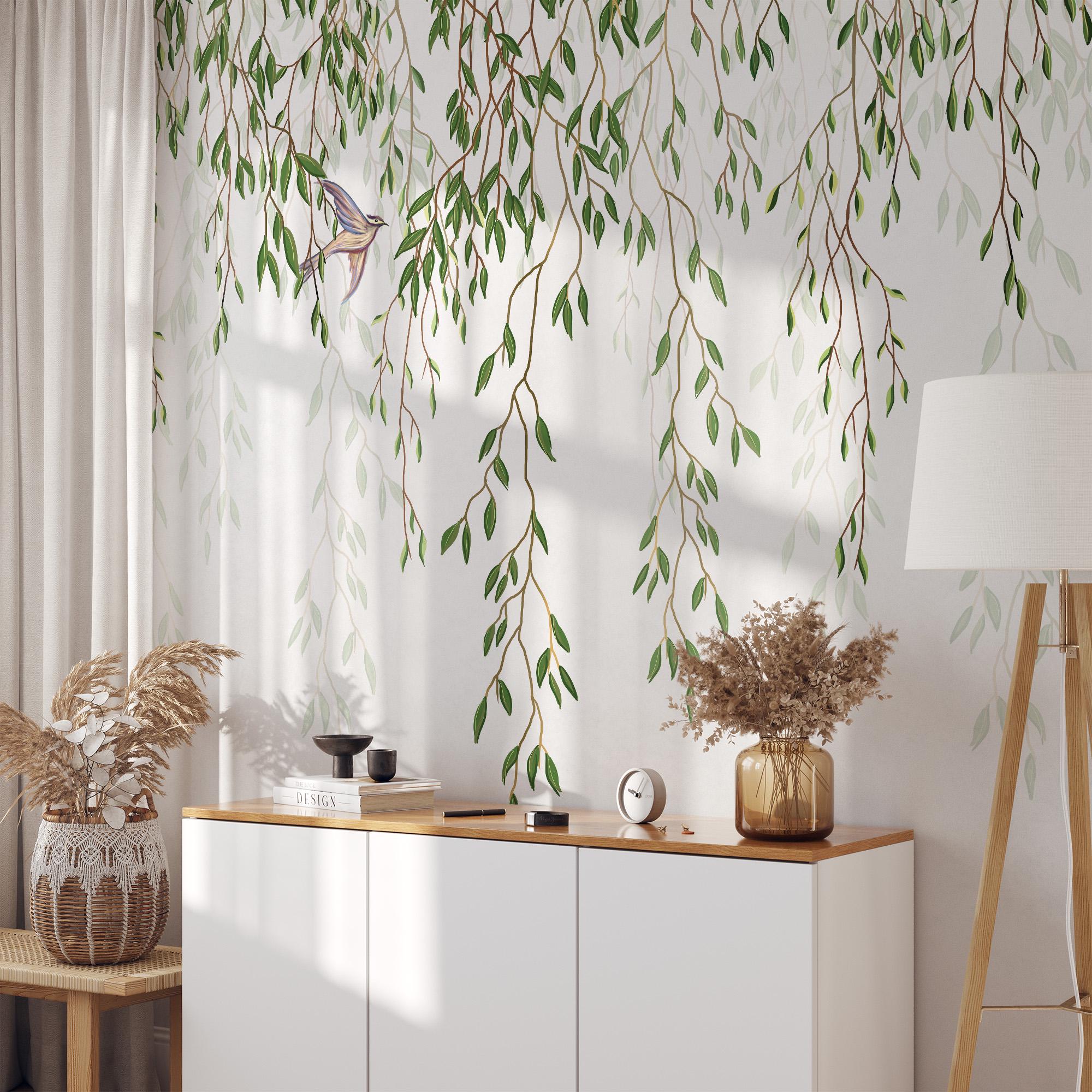 Greenery Bird Wallpaper Mural: Botanical Peel and Stick Wall Art - Etsy