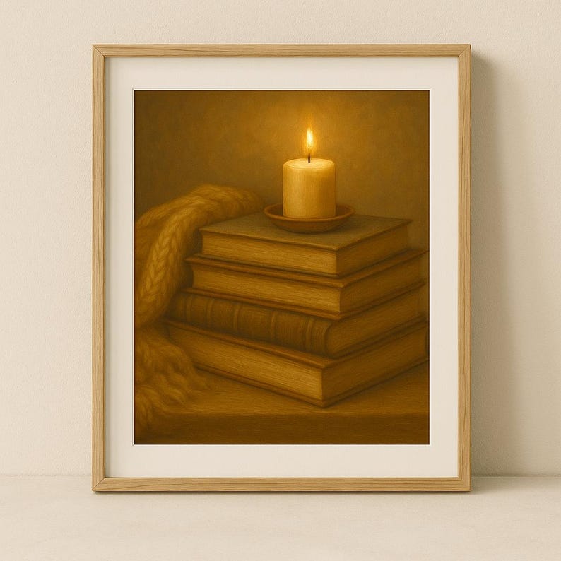 Candlelit Book Stack – Cozy Printable Wall Art | Digital Download ...
