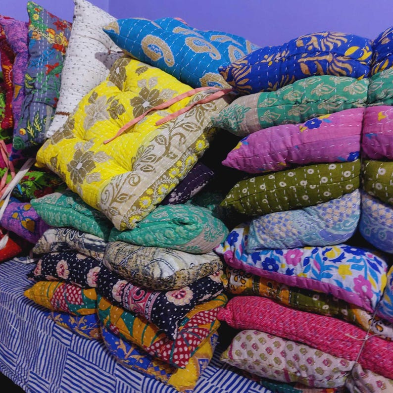 Vintage Kantha Chair Pad: Handmade Indian Cotton Cushion, 16x16 - Etsy