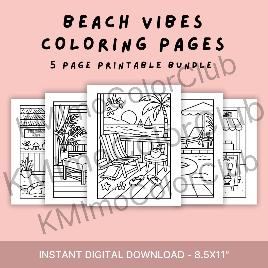 Beach Vibe Coloring Pages for Adults – 5 Printable Scenes – Spa, Pool ...