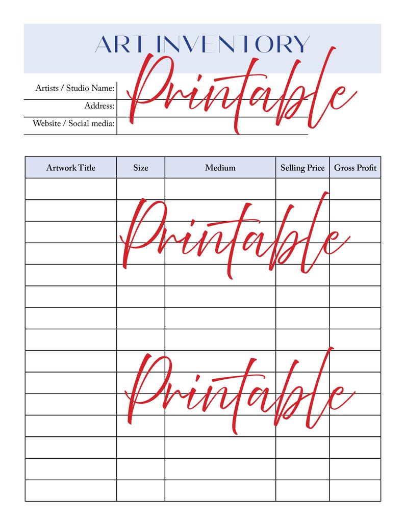 Artist Inventory Printable - Etsy