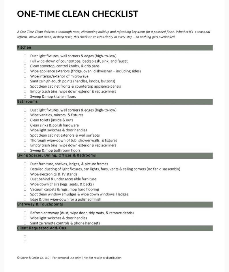Printable Cleaning Checklist Bundle – One-time, Routine & Optional Add ...