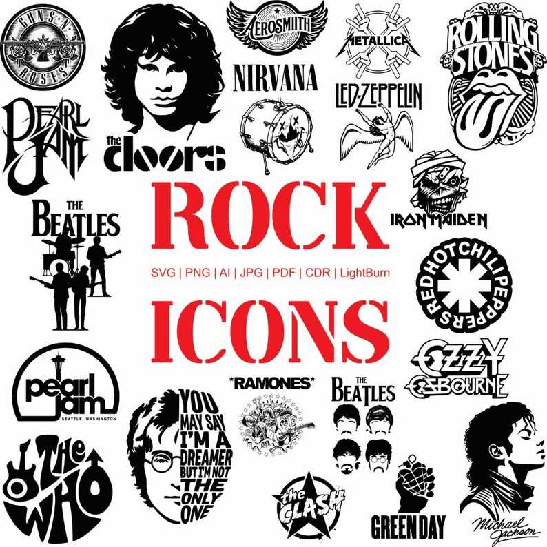 Rock Band Logos SVG Bundle: Beatles, Nirvana, Rolling Stones (digital ...