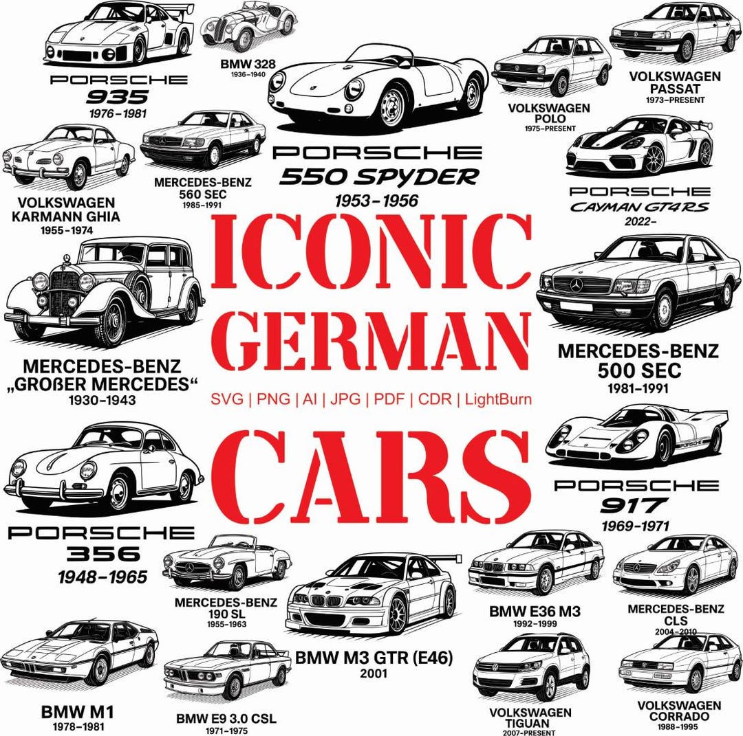 Iconic German Cars Vector Bundle SVG PNG Pdf Ai Cdr Lightburn Classic ...