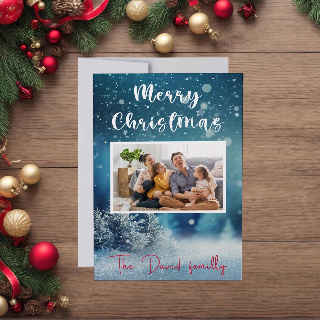 Custom Family Christmas Card, Personalized Holiday Photo Card, Blue ...