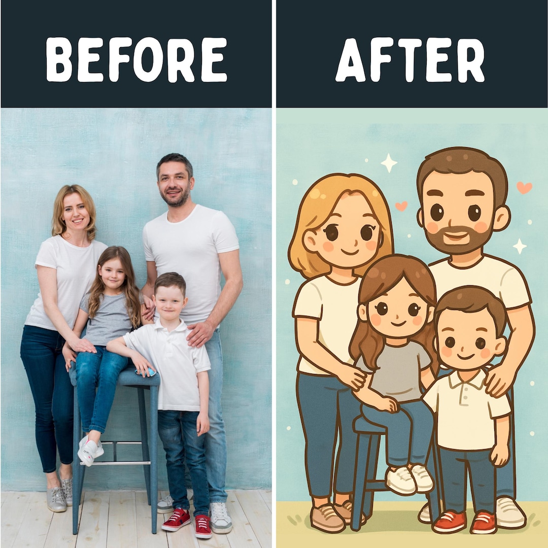 Custom Family Cartoon Portrait: Personalized AI Digital Art Gift - Etsy