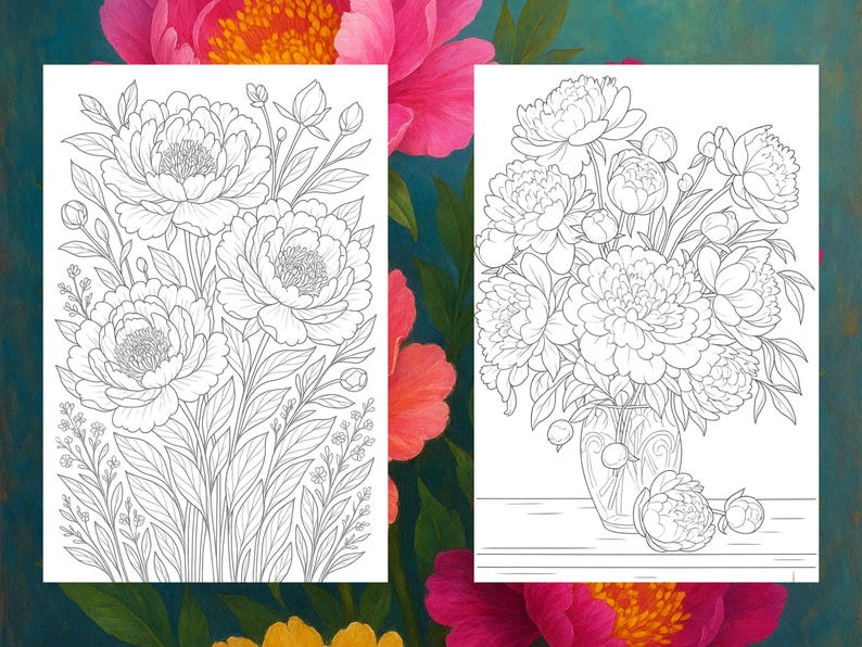 Peony Flower Coloring Pages: 20 Printable Fine-line Designs (PDF) - Etsy