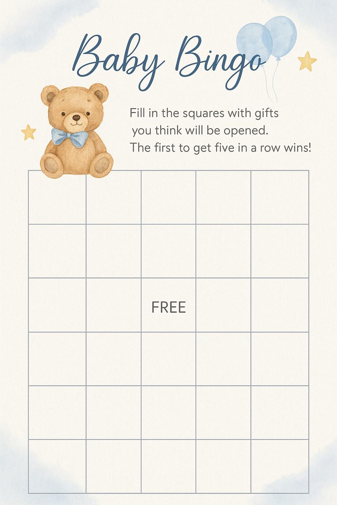Teddy Bear Baby Shower Bingo Game – Printable Baby Boy Shower Game ...